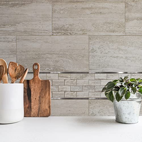 Questech Décor Tile Trim, 3/4 x 12 Inch Linear Flat Pencil Tile Edge Trim Cap, Decorative Shower Tile Liner, Kitchen Tile Border Backsplash Trim, Brushed Nickel Finish, 12 Pack