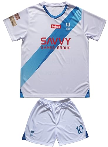 ORGBRAIN 2023/2024 Hilal Riyadh Al Away #10 Neymar Football Soccer Kids Jersey Shorts Socks Set Youth Sizes (White, 30)