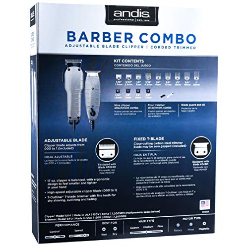 Andis Barber Combo-Powerful High-speed adjustable clipper blade & T-Outliner T-blade trimmer with fine teeth for dry shaving, outlining and fading With a BeauWis Blade Brush Included