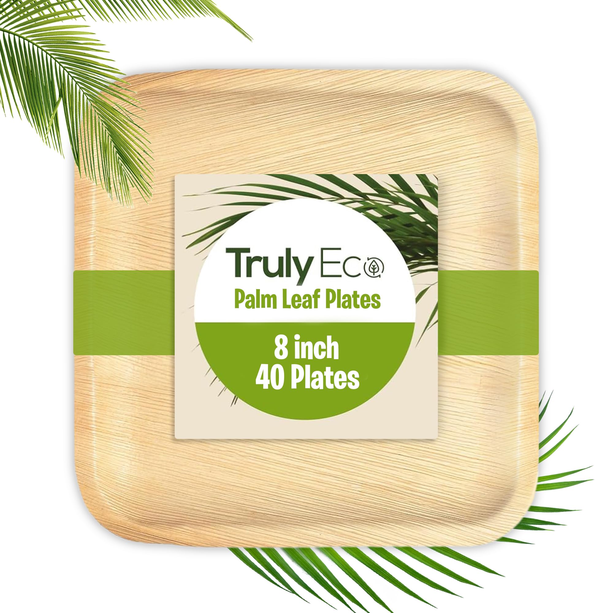 TRULY ECO 8 Inch 40 Square Palm Leaf Plates – Compostable, Biodegradable, Eco-Friendly – Like Bamboo Disposable Plates for Party, Wedding, Picnic – Sturdy, Heat Proof & Leak Proof