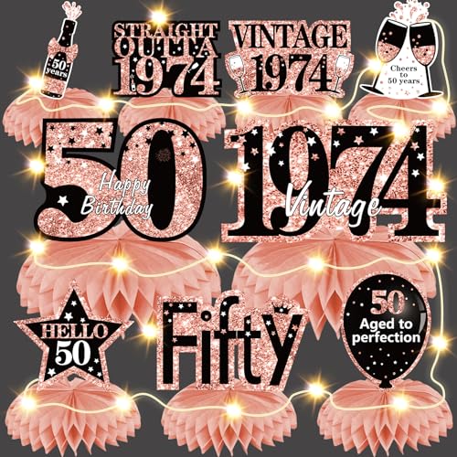 Bumqviy 9Pcs 50th Birthday Honeycomb Centerpieces Decorations with String Lights for Women, Rose Gold Pink Happy 50 Birthday Table Party Supplies, Vintage 1974 Aged to Perfection Birthday Table Sign