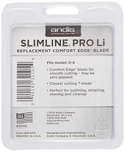 Andis Carbon Stainless-Steel Deep-Tooth Replacement T-Blade β for Model D-8, Slim-Line Pro-Li Cord/Cordless Trimmer - Close & Sharp Cutting, Zero-Gapped, Dependable & Long-Life Blade β Silver