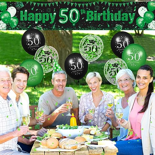 Green and Black 50th Birthday Banner and Balloons - 18pc Set for Indoor/Outdoor Decor