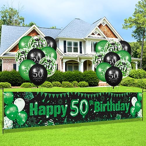 Green and Black 50th Birthday Banner and Balloons - 18pc Set for Indoor/Outdoor Decor