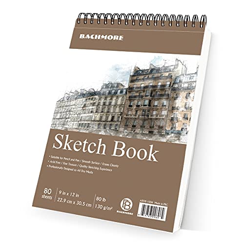 Bachmore Sketchpad 9X12 Inch (88lb/130g), 80 Sheets of Spiral Bound Sketch Book for Artist Pro & Amateurs | Marker Art, Colored Pencil, Charcoal for Sketching