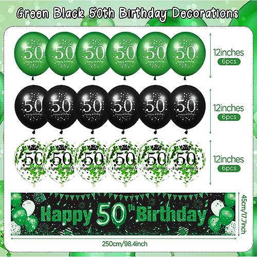 Green and Black 50th Birthday Banner and Balloons - 18pc Set for Indoor/Outdoor Decor