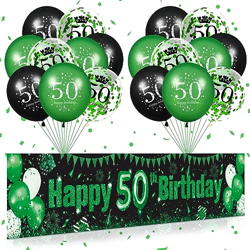 Green and Black 50th Birthday Banner and Balloons - 18pc Set for Indoor/Outdoor Decor