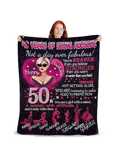 Palsco 50th Birthday Gifts for Women, 50th Birthday Blanket for Mom Throw Blanket, 50 Years Old Gifts for Women/Wife Turning 50 and Fabulous, Super Soft Warm Flannel Blanket 60''x50''