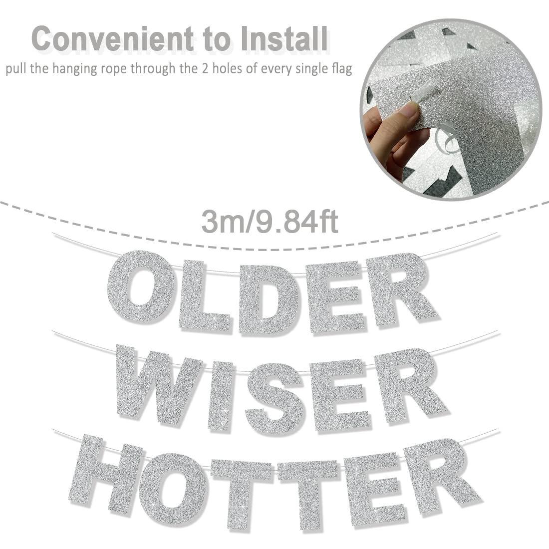 Older Wiser Hotter Glitter Banner Birthday Decorations for Women Men 30th 40th 50th 60th 70th 80th Happy Birthday Banner Disco Birthday Party Supplies