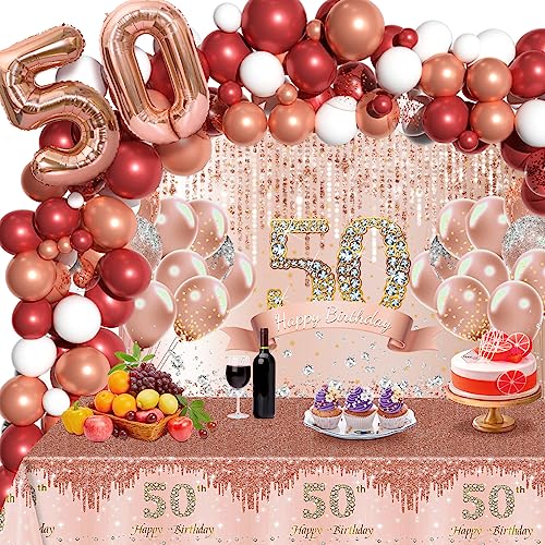 50th Birthday Decorations Women - Rose Gold Happy 50th Birthday Decor Include Balloon Garland Arch Kit,50th Birthday Backdrop,Tablecloth,Number 50 Foil Confetti balloon 50 Years Old Party Supplies