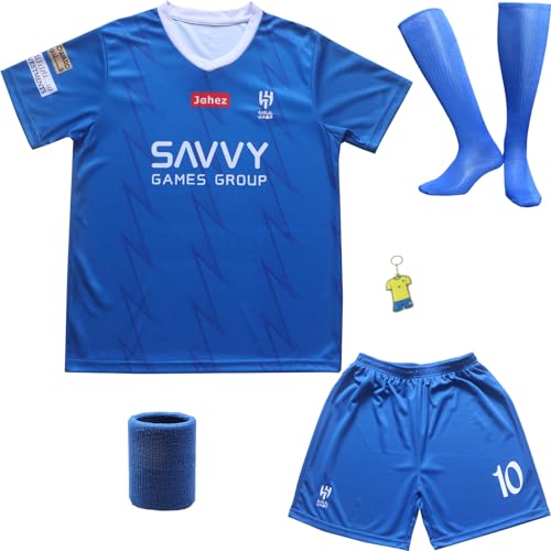 ORGBRAIN 2023/2024 Hilal Riyadh Al Home #10 Neymar Football Soccer Kids Jersey Shorts Socks Set Youth Size (Blue, 28)