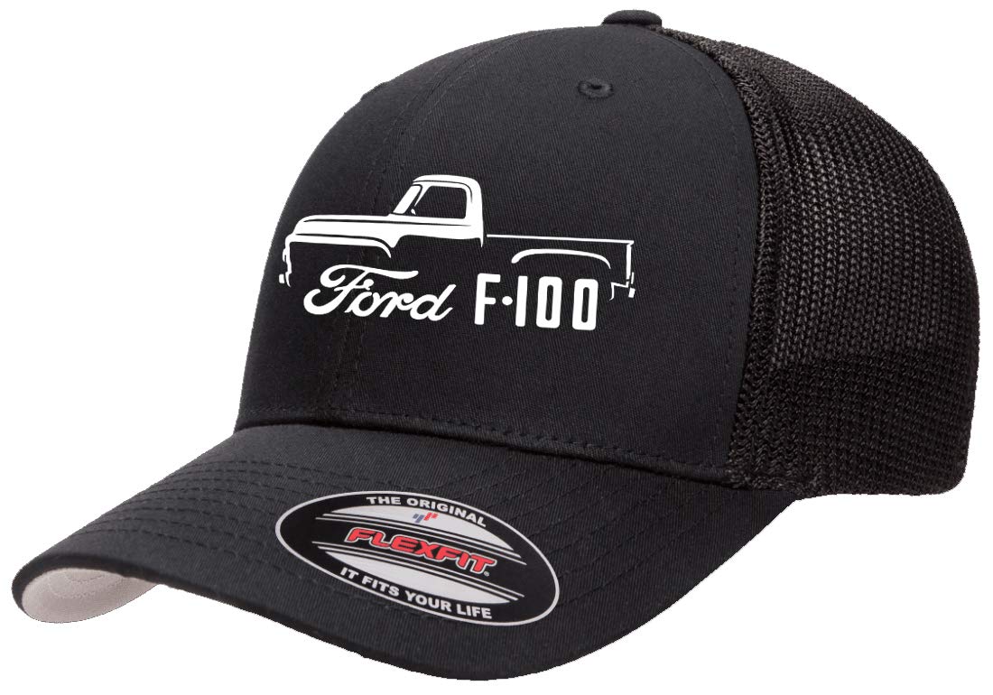 1953-56 Ford F100 Pickup Truck Outline Design Flexfit Trucker Mesh Fitted Cap Black