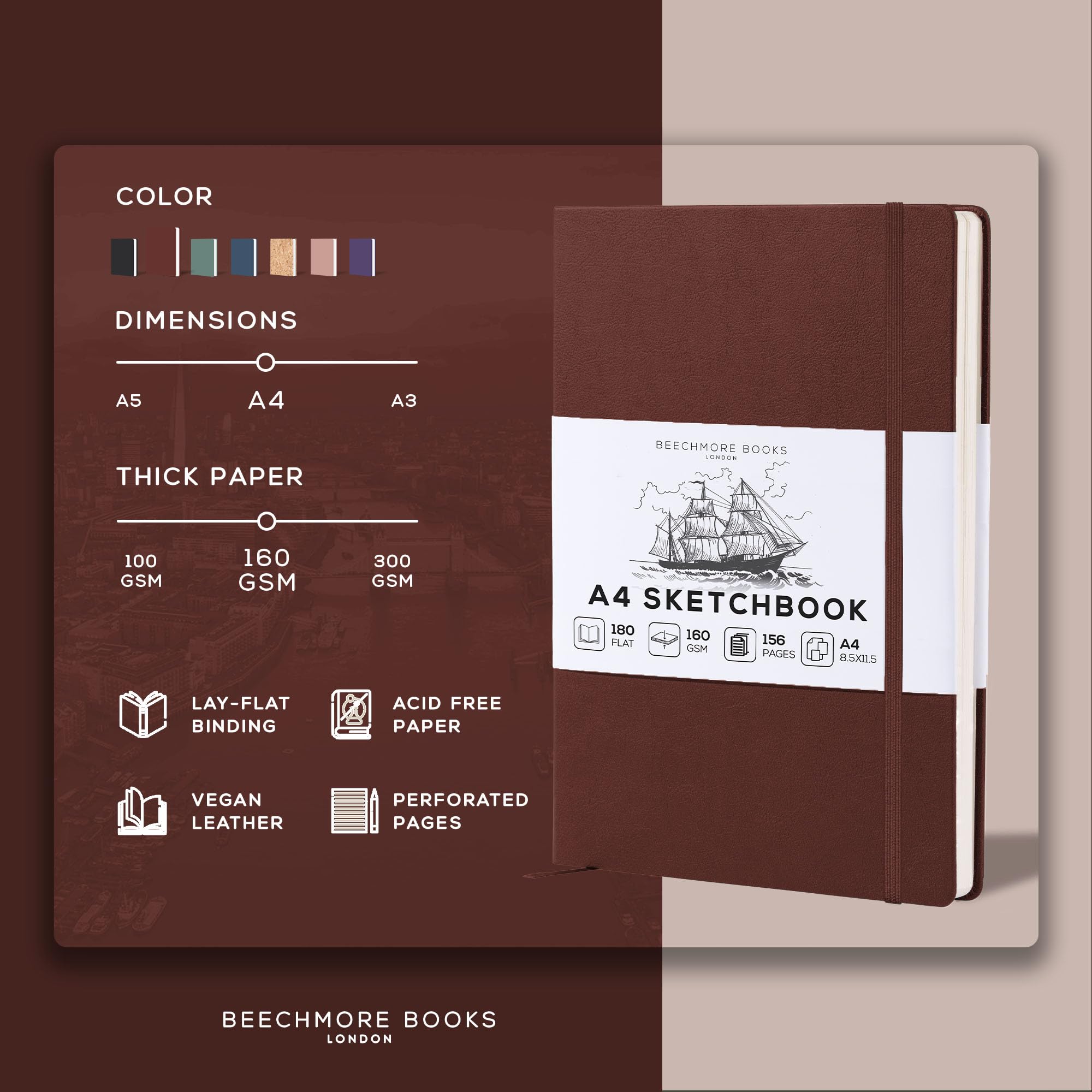 BEECHMORE BOOKS Sketch Book, A4 8.5 x 11.5 inch Blank Sketchbook for Drawing, Paint and Draw, 156 Pages Thick Paper 160gsm, Hardcover Leather Art Notebook, Boxed for Gifts (Chestnut Brown)