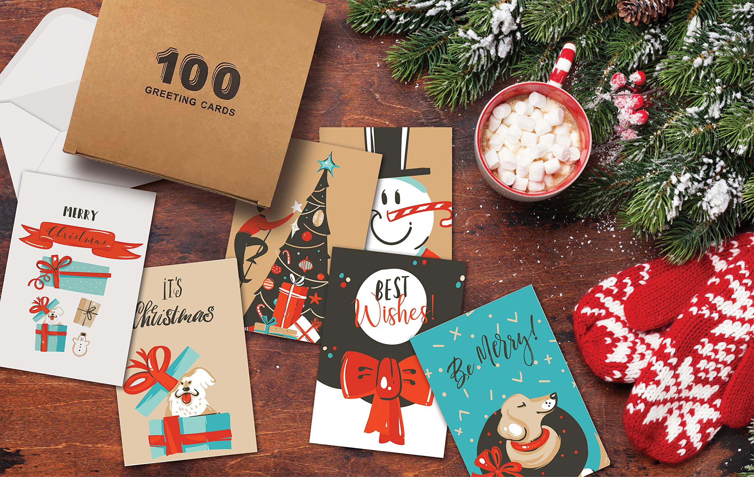 Better Office Products Christmas Holiday Greeting Card Set, 100 Pack, 4 x 6 Inch, 12 Assorted Custom Illustrative Designs, Blank Inside, Complete with Envelopes, 100 Christmas Cards Set