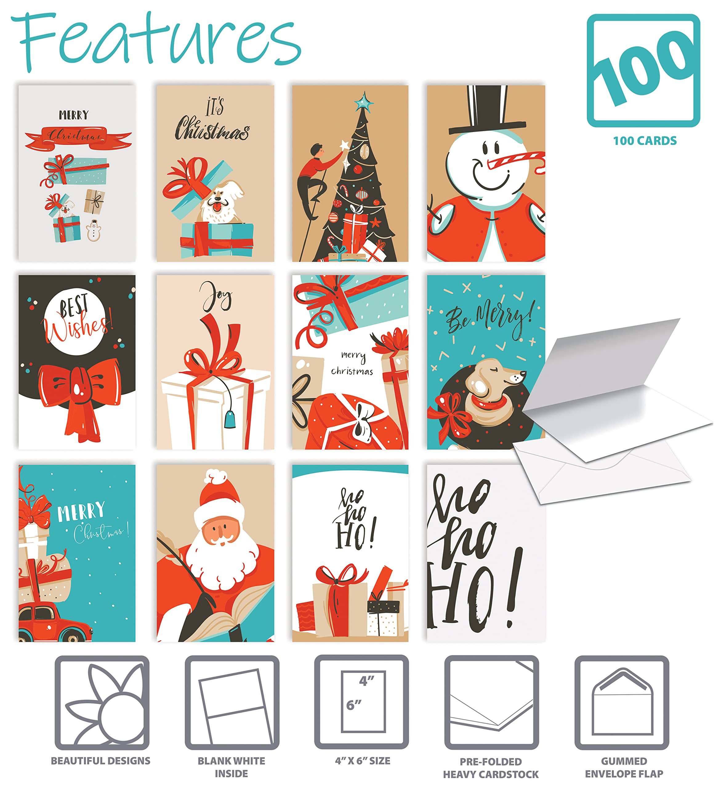Better Office Products Christmas Holiday Greeting Card Set, 100 Pack, 4 x 6 Inch, 12 Assorted Custom Illustrative Designs, Blank Inside, Complete with Envelopes, 100 Christmas Cards Set