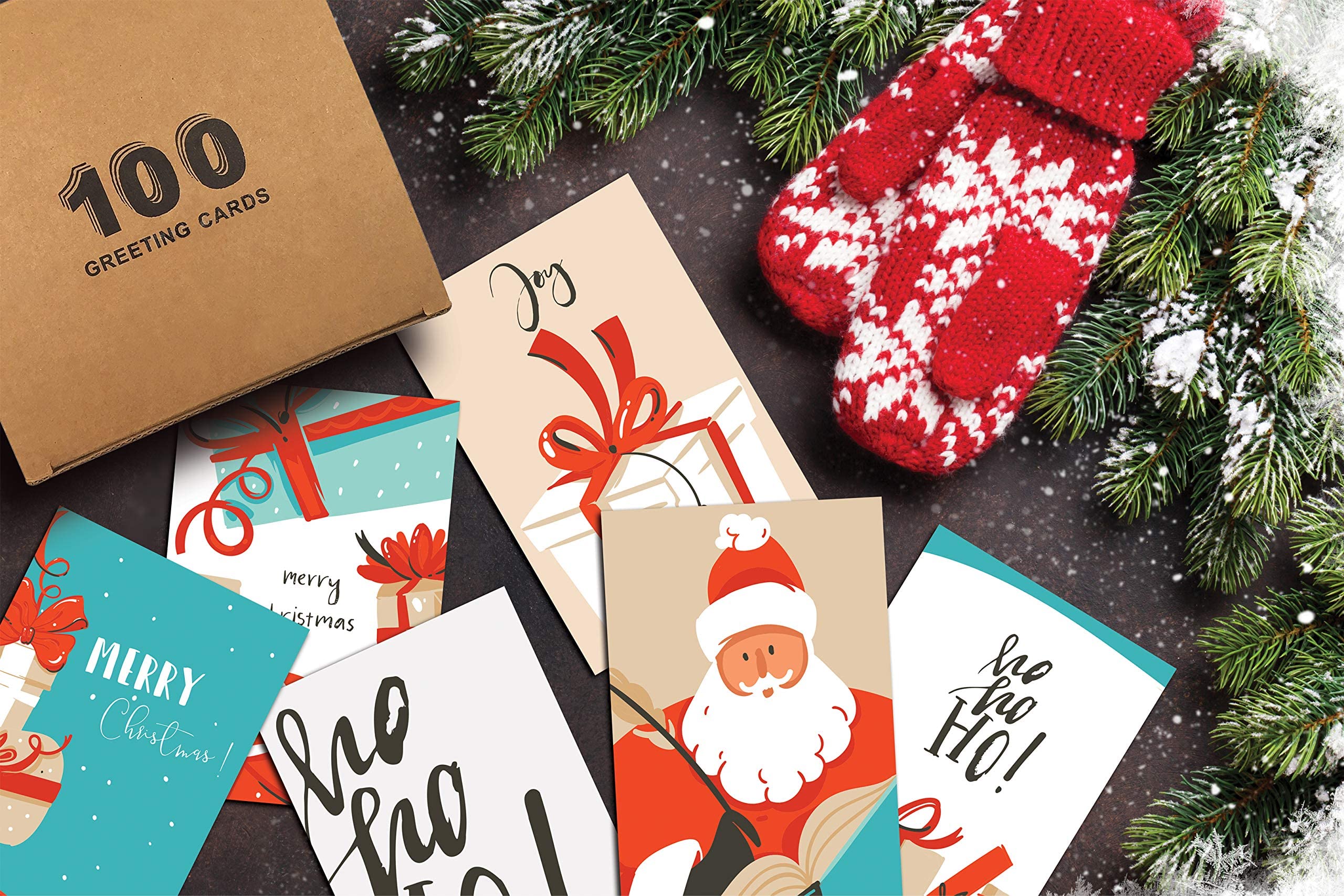 Better Office Products Christmas Holiday Greeting Card Set, 100 Pack, 4 x 6 Inch, 12 Assorted Custom Illustrative Designs, Blank Inside, Complete with Envelopes, 100 Christmas Cards Set