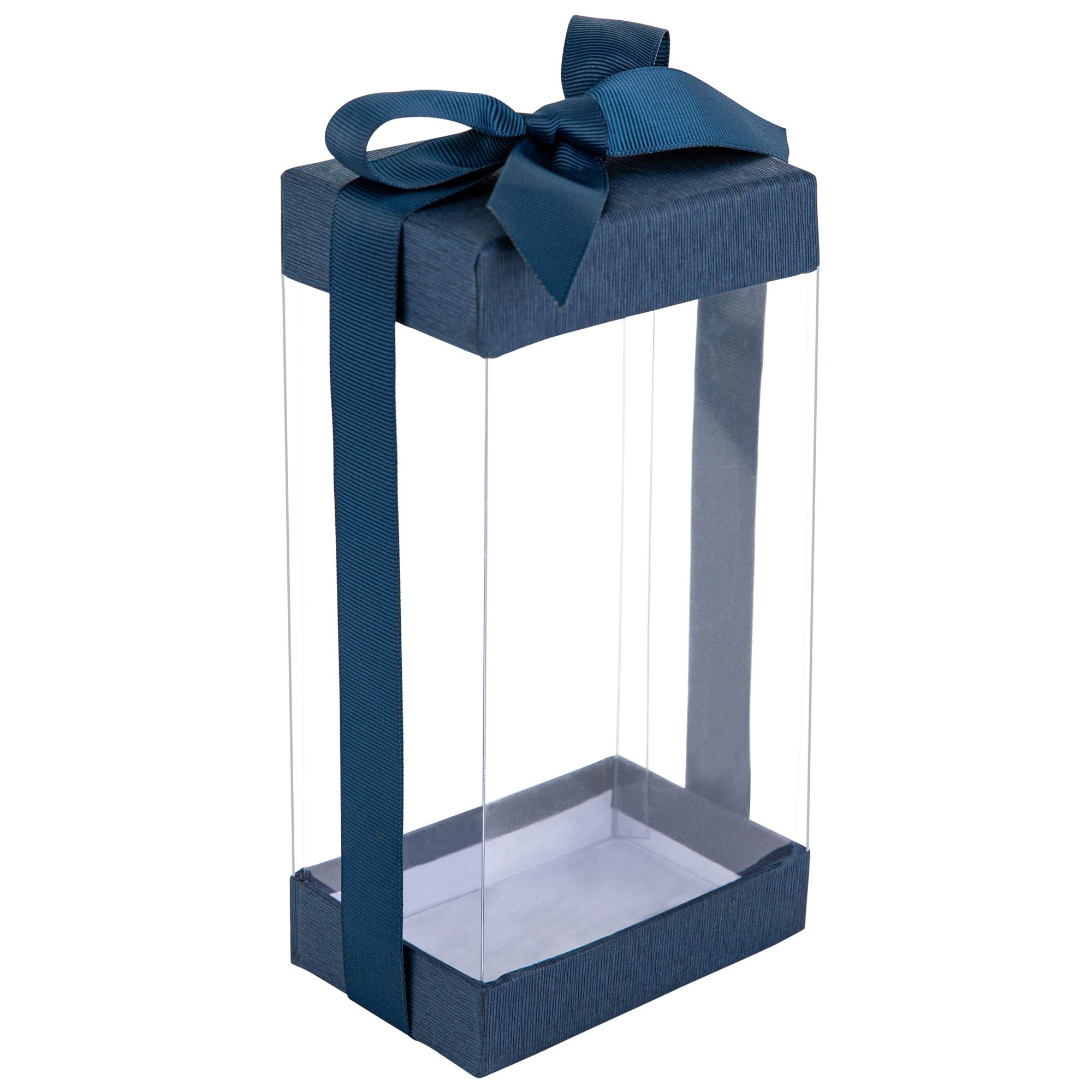 Hammont Clear Plastic Gift Boxes (6 Pack) Bakery Boxes with Base, Lid & Ribbon | For Cakes, Pastries, Cupcakes & Party Favors (Navy Blue, 7.5x3.75x2.5”)