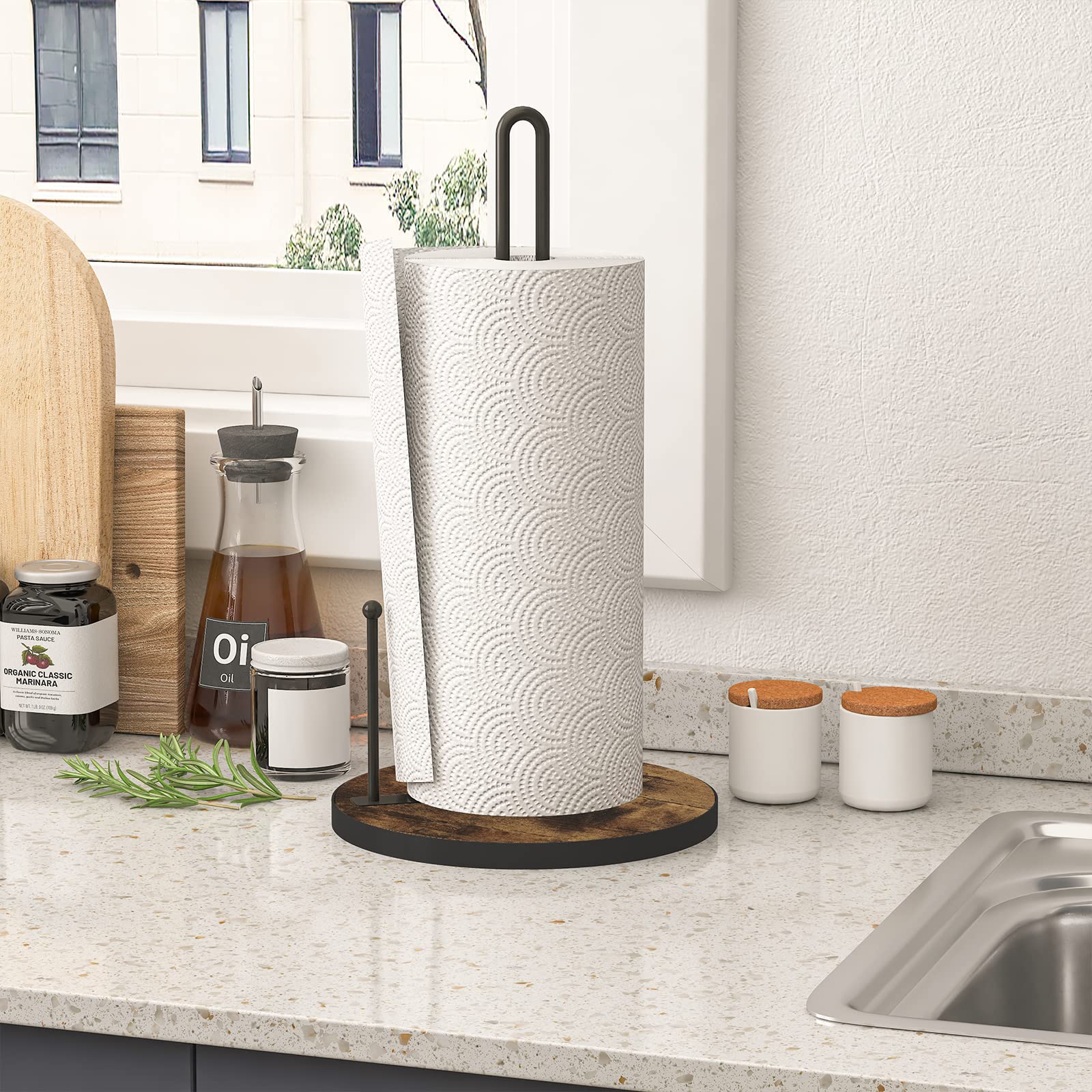 Giikin Paper Towel Holder, Countertop, Stand with Heavy Duty Wood Base, Standing Roll Dispenser Hanger Rack for Kitchen and Bathroom Organization, Rustic Brown