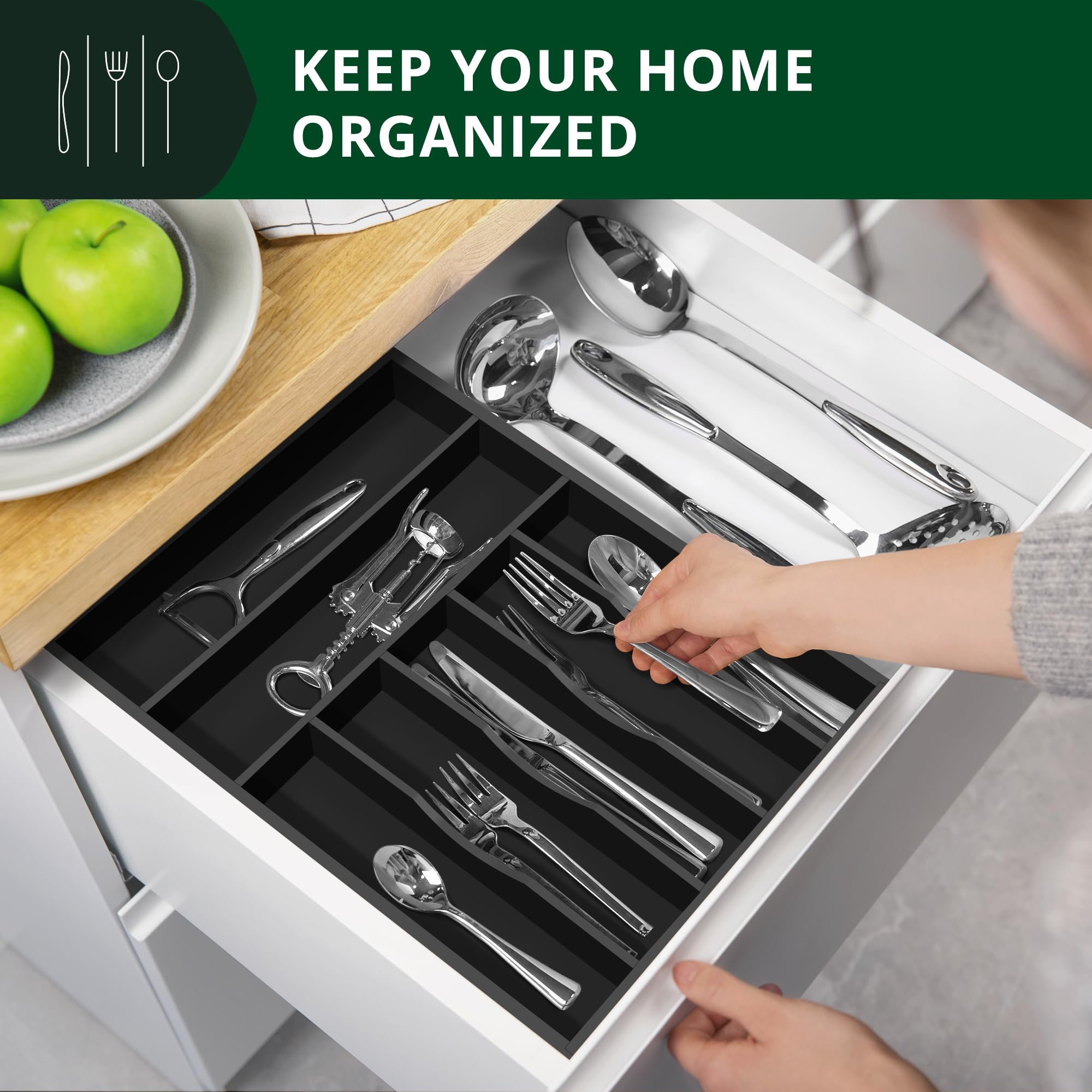 ROYAL CRAFT WOOD Bamboo Kitchen Drawer Organizer - Silverware Organize and Cutlery Tray with Grooved Drawer Dividers for Flatware and Kitchen Utensils (7 Slot, Black)