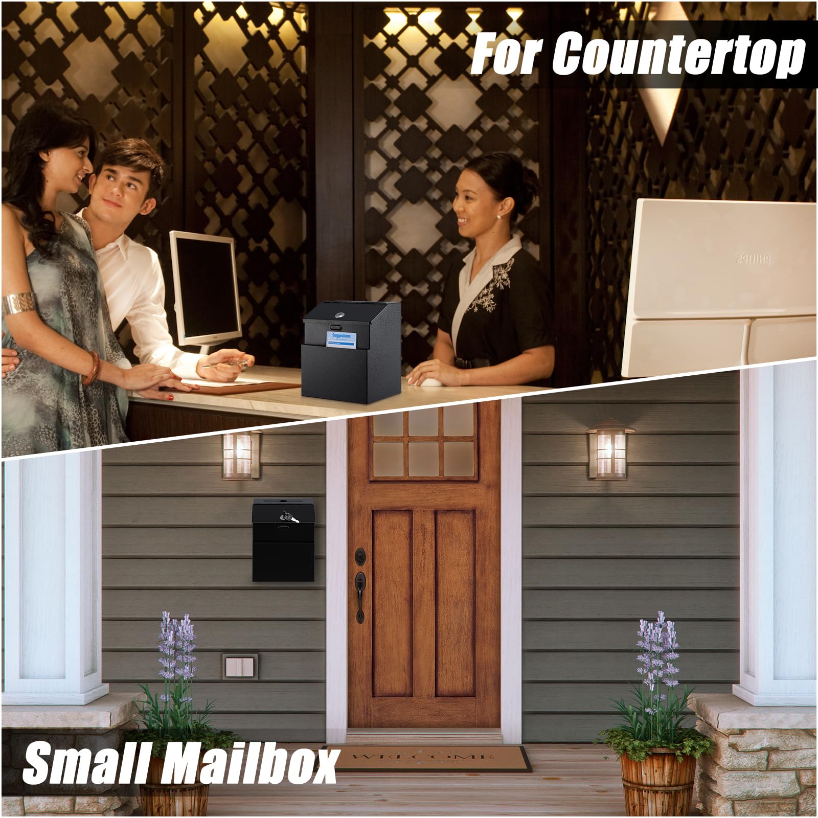 KYODOLED Metal Suggestion Box with Lock Wall Mounted Ballot Box Donation Box Key Drop Box with 50 Free Suggestion Cards 8.5H x 5.9W x 7.3L Inch Black