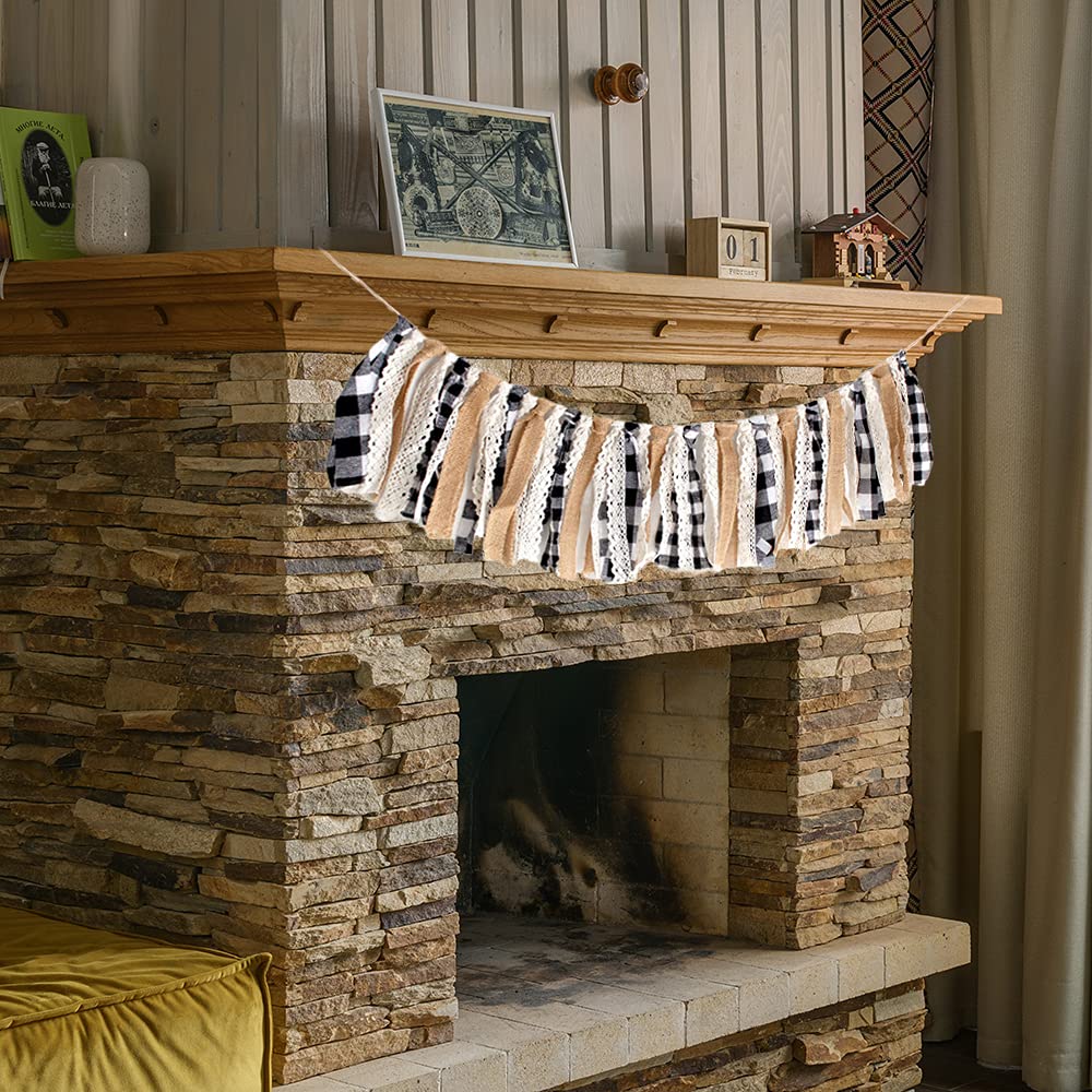 Buffalo Checkered Plaid Banner Set Fabric Black and White Gingham Bunting Tassel Garland Rustic Christmas Birthday Mantel Fireplace Farmhouse Classroom Decorations