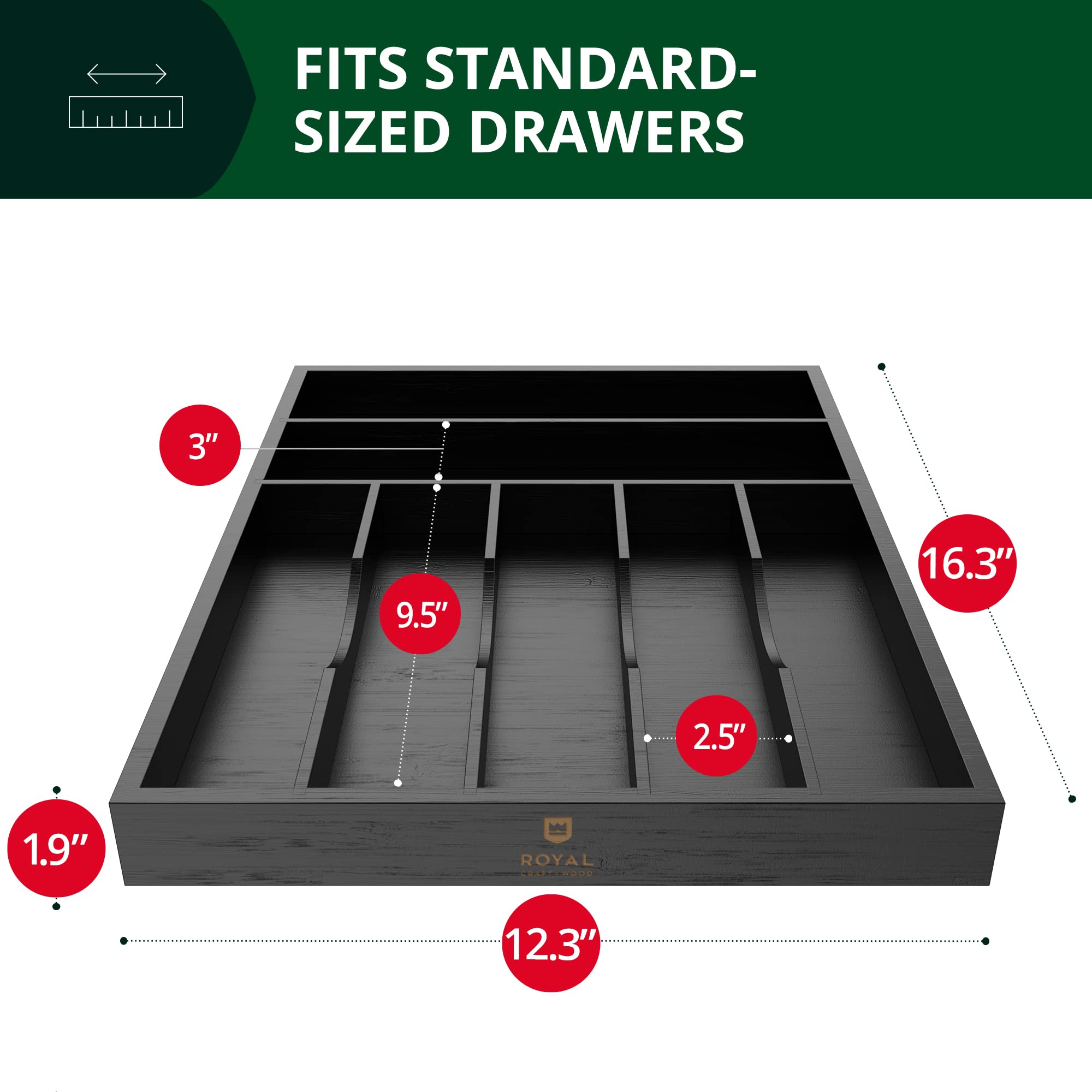 ROYAL CRAFT WOOD Bamboo Kitchen Drawer Organizer - Silverware Organize and Cutlery Tray with Grooved Drawer Dividers for Flatware and Kitchen Utensils (7 Slot, Black)