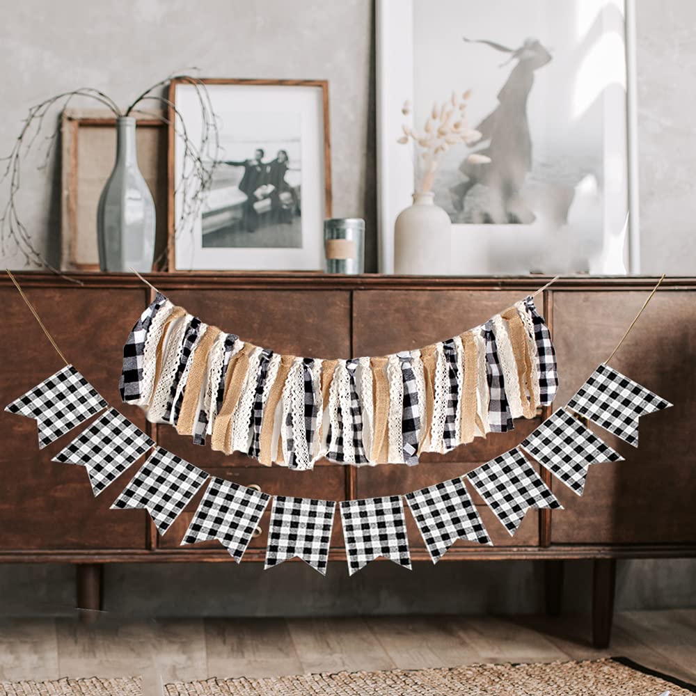 Buffalo Checkered Plaid Banner Set Fabric Black and White Gingham Bunting Tassel Garland Rustic Christmas Birthday Mantel Fireplace Farmhouse Classroom Decorations