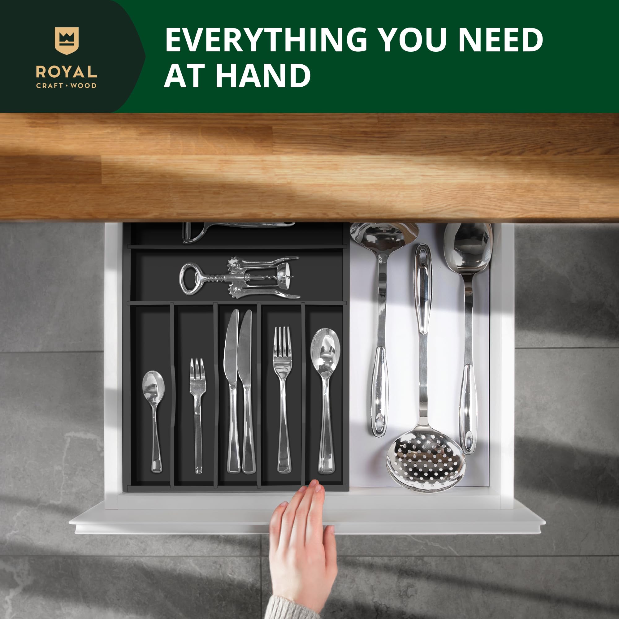 ROYAL CRAFT WOOD Bamboo Kitchen Drawer Organizer - Silverware Organize and Cutlery Tray with Grooved Drawer Dividers for Flatware and Kitchen Utensils (7 Slot, Black)