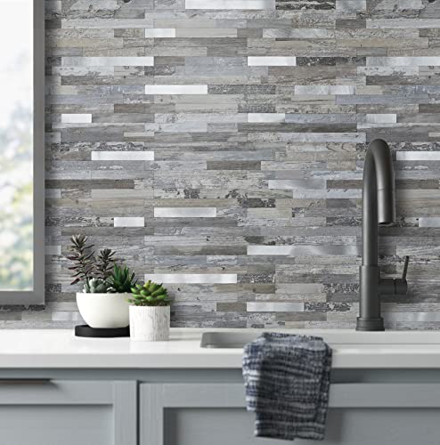 AULIGET 20 Sheets Peel and Stick Backsplash, Distressed Wood Look PVC Wall Tiles Stick on Backsplash for Kitchen