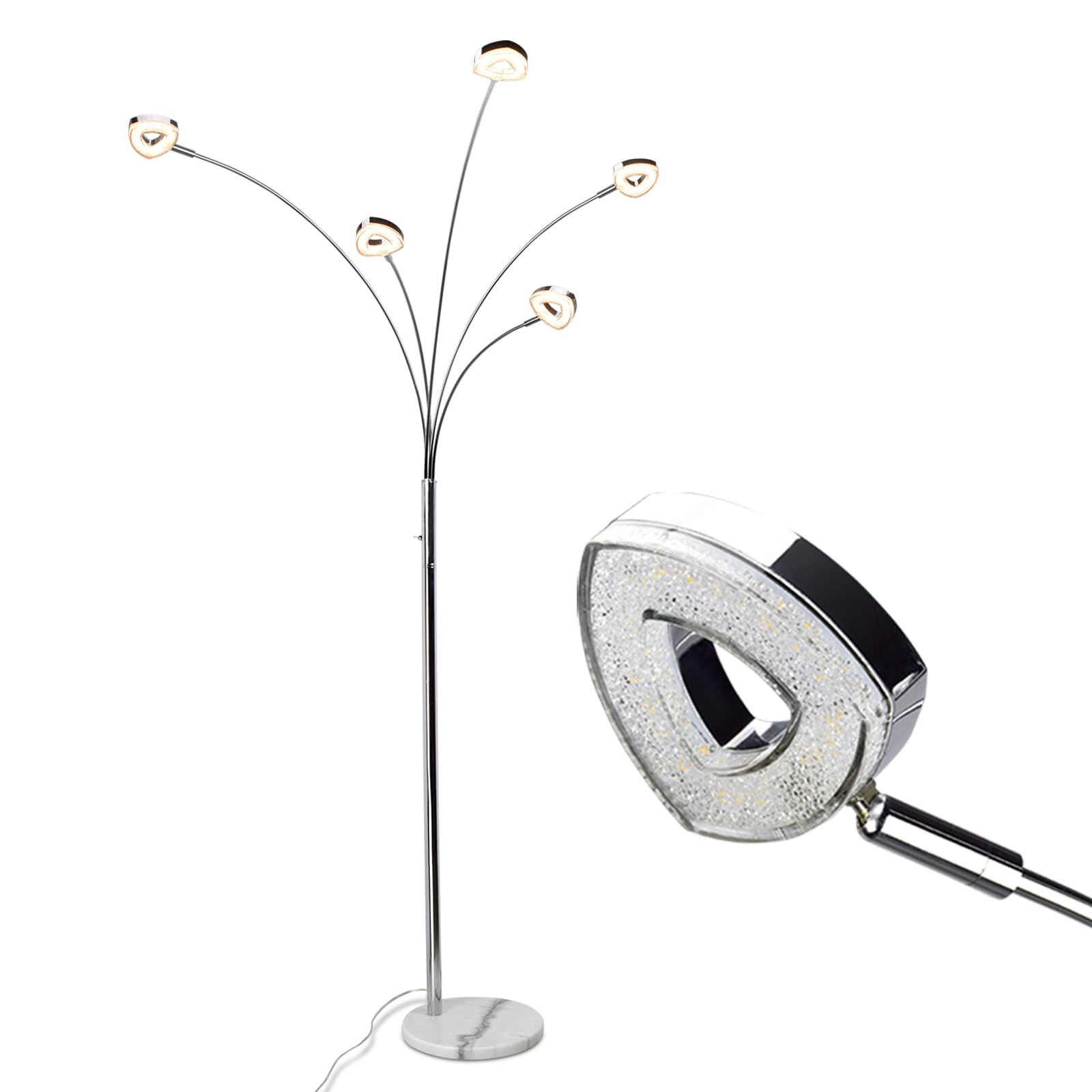 DLLT 5-Light LED Living Room Floor Lamp-Dimmable Bedroom Standing Light with Adjustable Arm & Head, Modern Contemporary Tree Tall Pole Lamps for Office with 3 Brightness Level, Warm White, Sliver