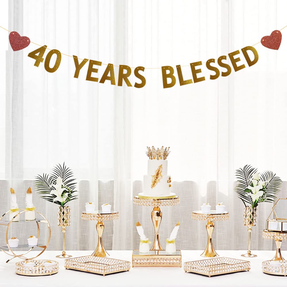 Betteryanzi Gold 40 Years Blessed Banner,Pre-strung,40th Birthday / Wedding Anniversary Party Decorations Supplies,Gold Glitter Paper Garlands Backdrops,Letters Gold 40 YEARS BLESSED