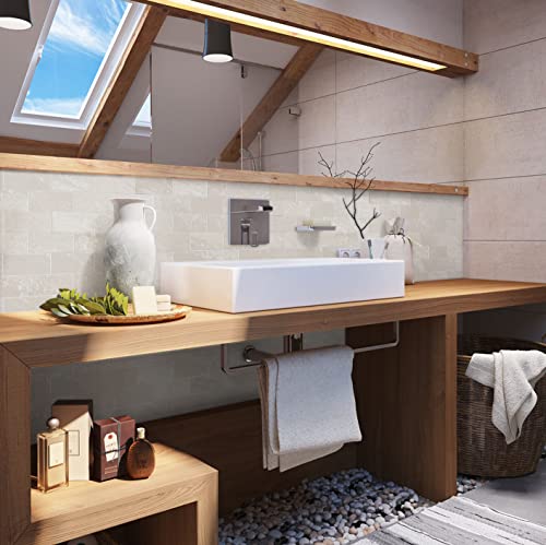 COLAMO 5-Sheet Beige Faux Granite Stone Flamed Surface Peel and Stick Rigid Large Subway Wall Tiles, Stick On Kitchen Backsplash Brick Tiles for Wall,Self Stick Tile For RV,Bathroom, Accent Wall Panel