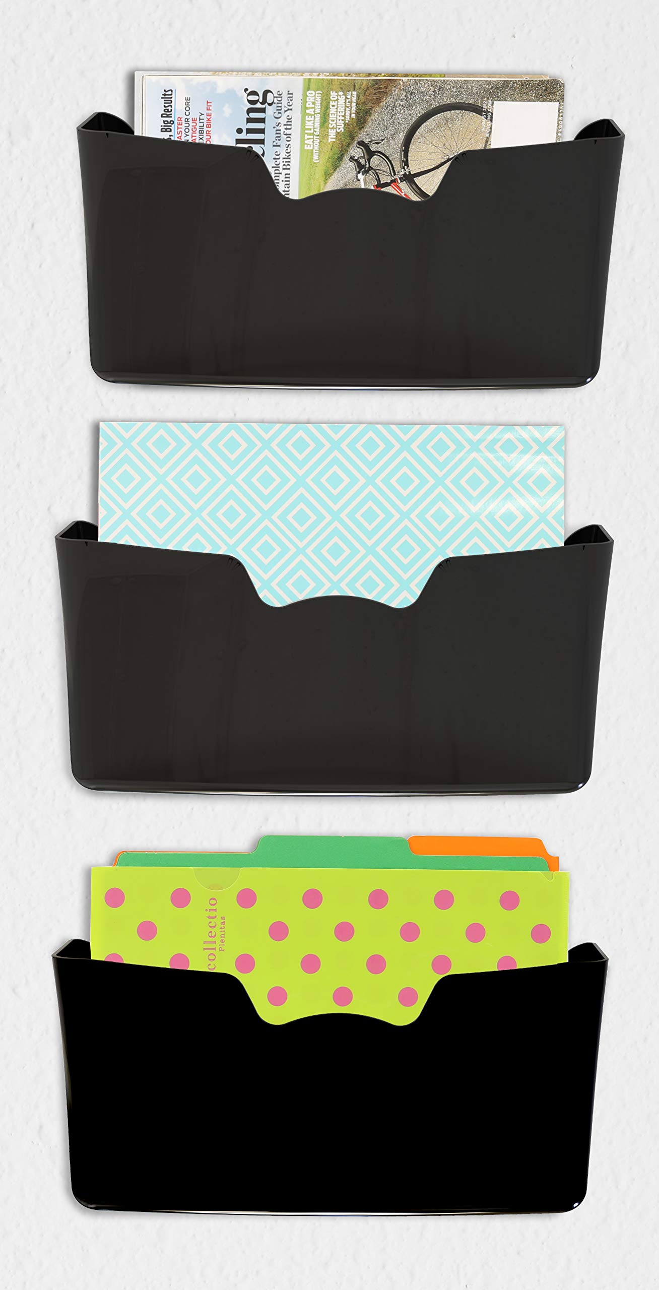 3 Pack - Simple Houseware Plastic Single Pocket Wall Mount File Holder, Black