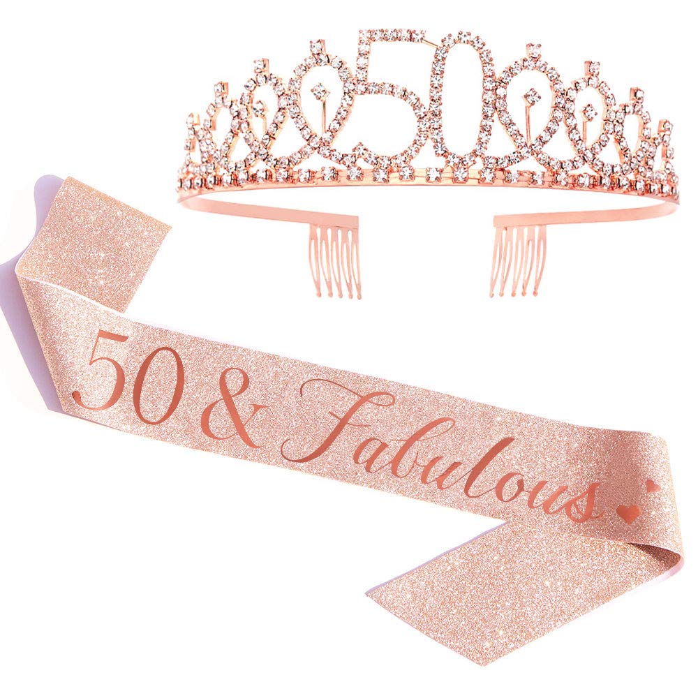 ADBetty 50th Birthday Sash & Rhinestone Tiara Set - Rose Gold Glitter 50th Birthday Gifts Birthday Party Supplies