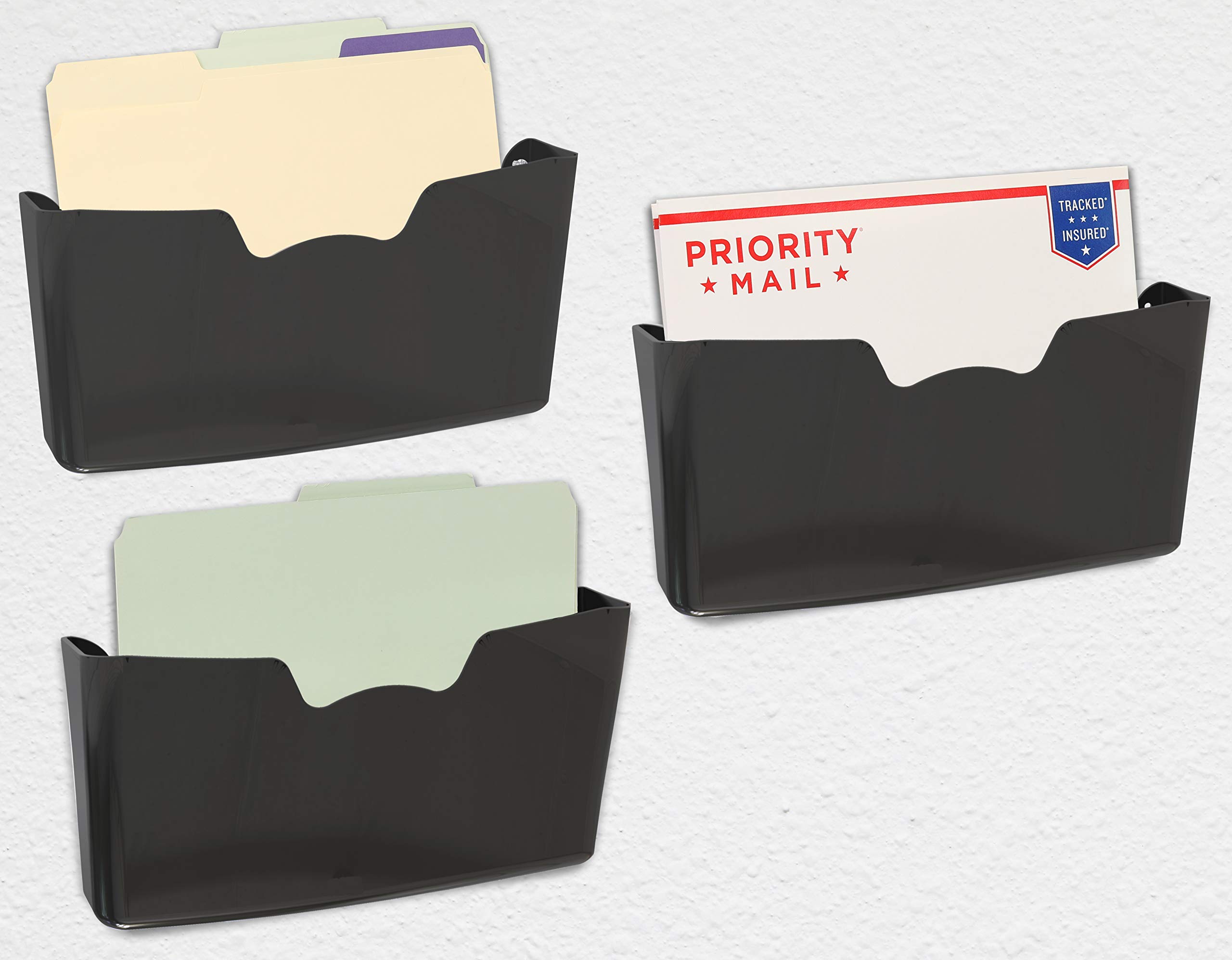 3 Pack - Simple Houseware Plastic Single Pocket Wall Mount File Holder, Black