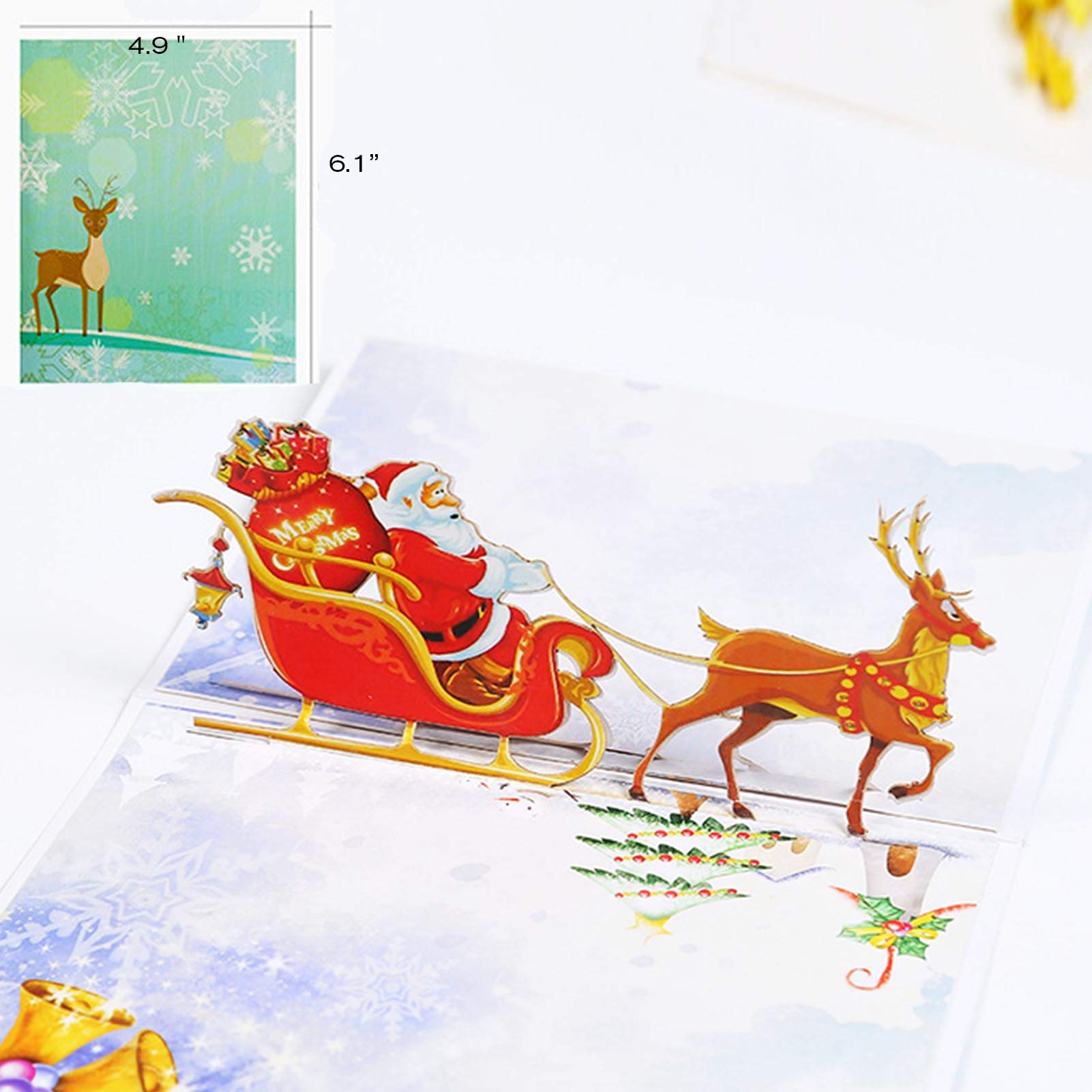 HILUCK 3D Pop Up Christmas Greeting Cards, Handmade Cards with Envelope Set of 9, For Chris Holiday- Feature Xmas Tree, Snowman, Reindeer, Santa and Bell