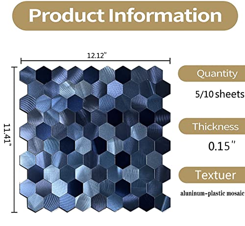 XUANINY 5-Metal Peel and Stick Backsplash Tiles, Aluminum Mosaic Sticker for Kitchen Wall Decor Hexagon Design Frosted 3D Wall Sticker(11.02"x11.5") (Dark Blue)