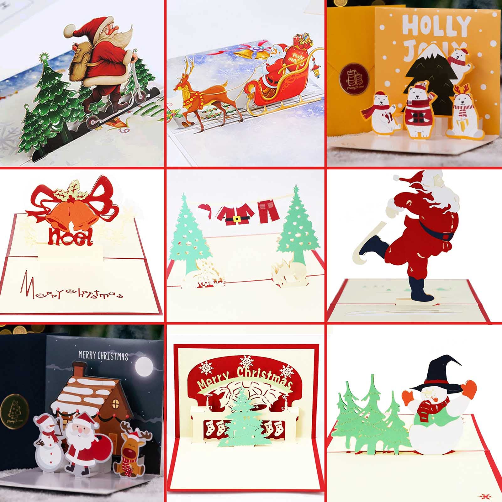 HILUCK 3D Pop Up Christmas Greeting Cards, Handmade Cards with Envelope Set of 9, For Chris Holiday- Feature Xmas Tree, Snowman, Reindeer, Santa and Bell