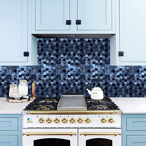 XUANINY 5-Metal Peel and Stick Backsplash Tiles, Aluminum Mosaic Sticker for Kitchen Wall Decor Hexagon Design Frosted 3D Wall Sticker(11.02"x11.5") (Dark Blue)