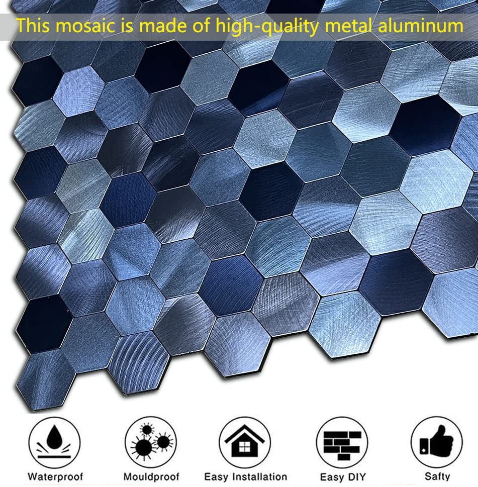 XUANINY 5-Metal Peel and Stick Backsplash Tiles, Aluminum Mosaic Sticker for Kitchen Wall Decor Hexagon Design Frosted 3D Wall Sticker(11.02"x11.5") (Dark Blue)