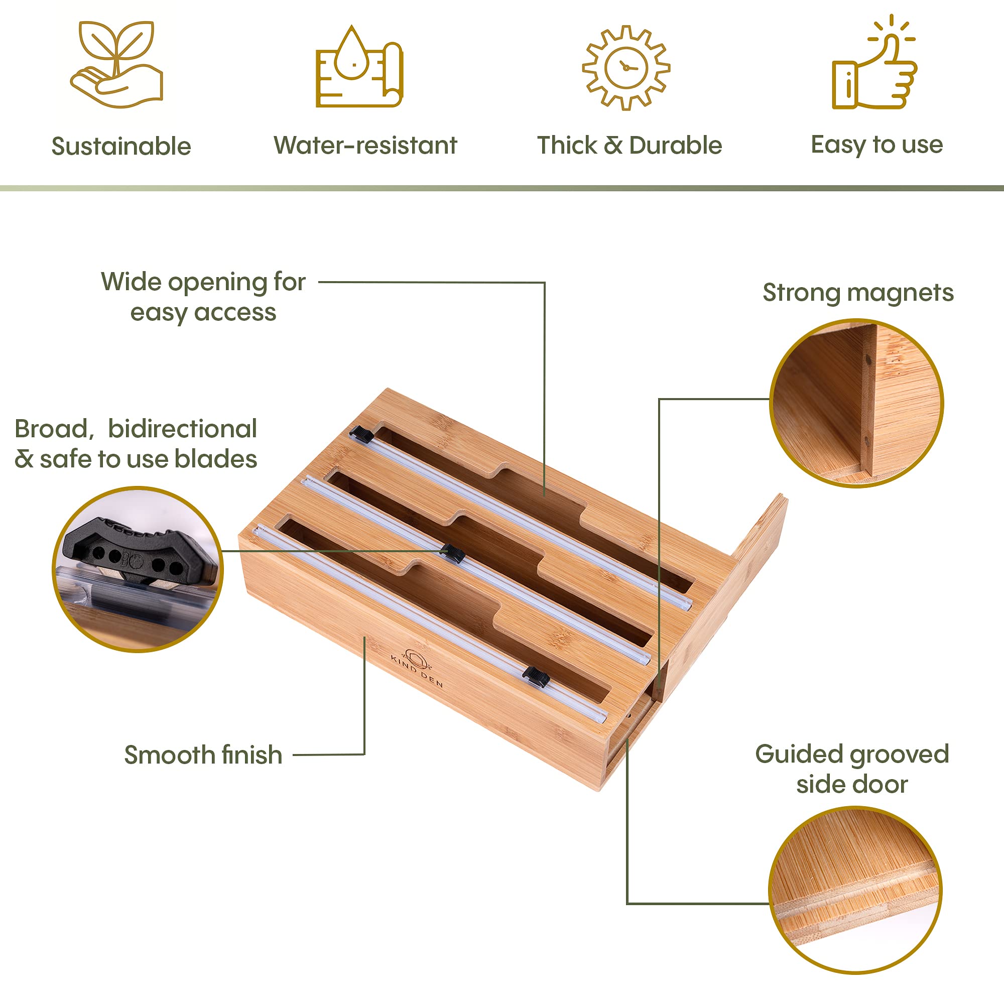 Kind Den 3-in-1 Bamboo Wrap Storage Holder & Dispenser | Plastic Wrap Dispenser With Cutter | Organizer For Cling Film, Aluminum Foil & Wax Paper | Great For Kitchen Drawer Storage And Organization