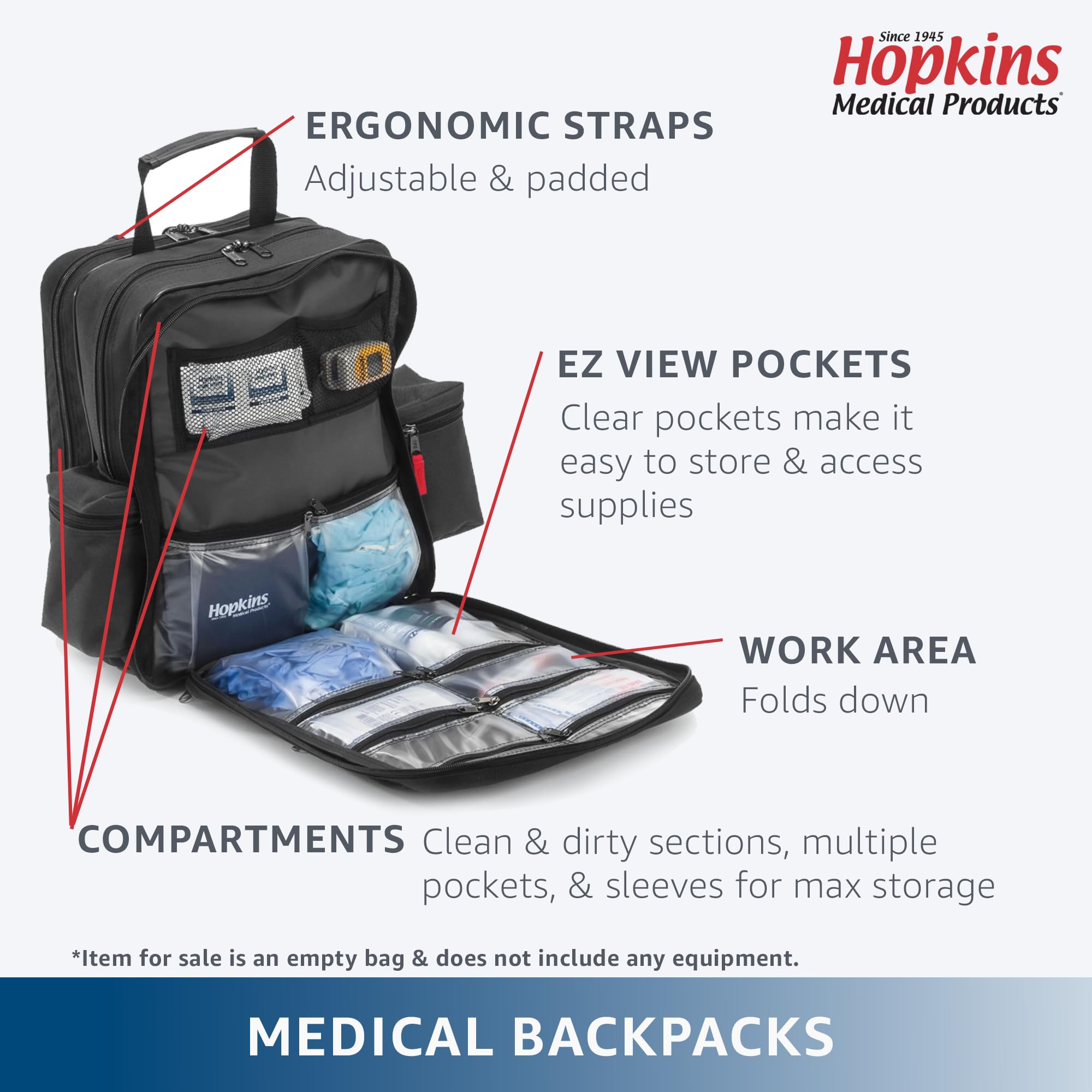 Hopkins EZ-View Deluxe Home Care Backpack, Waterproof, Ergonomic Straps, Lockable Zippers, Laptop Sleeve, Multiple Storage Compartments, Black, 11.5 In. x 9 In. x 16 In.