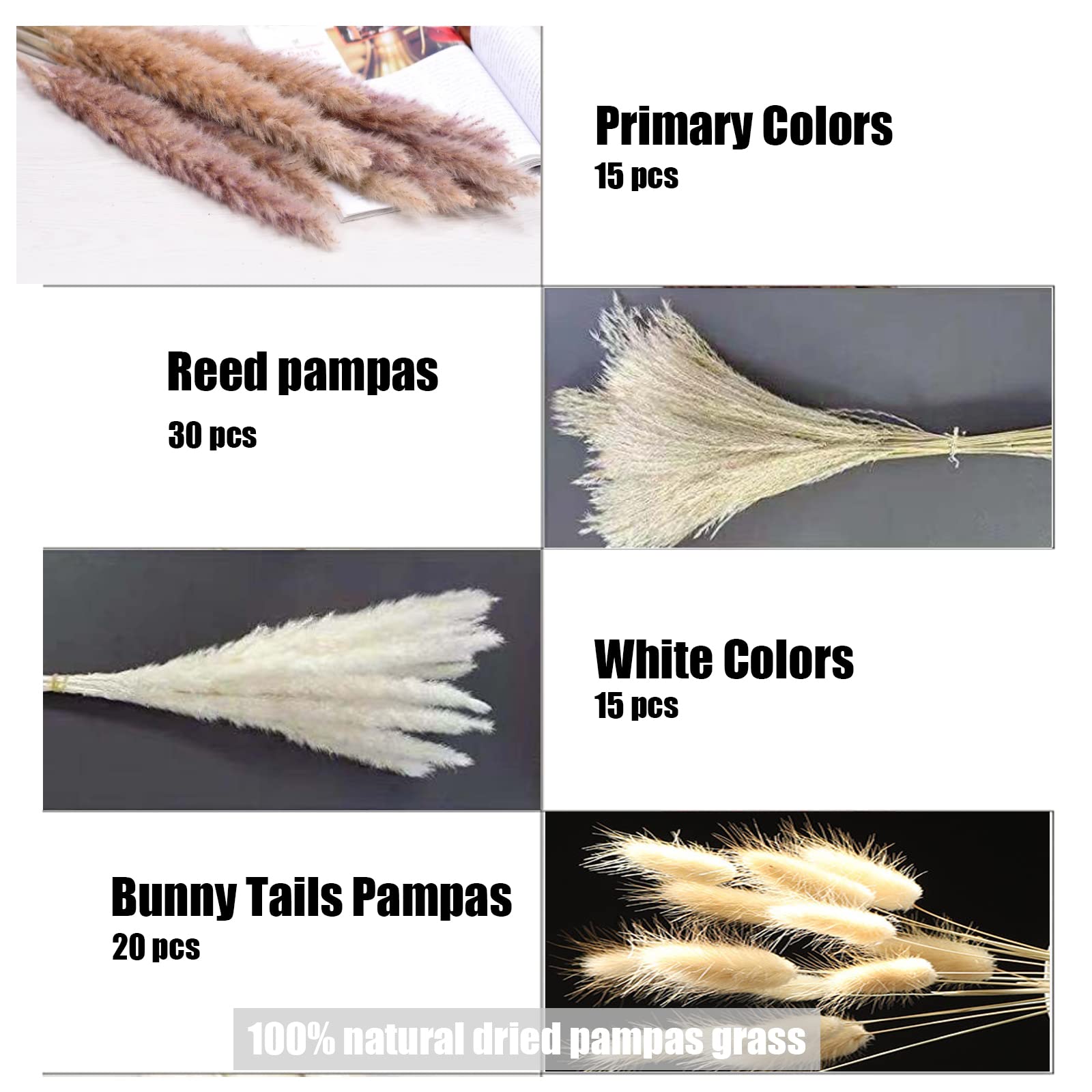 Pampas Grass 80 pcs 17.5 inch Natural Dried Pampas Grass - 15Pcs White Pampas & 15Pcs Brown Pampas & 30Pcs Reed Grass & 20Pcs Bunny Tail Grass,Fluffy Dried Flowers for Home Decor Wedding Boho Decorā¦