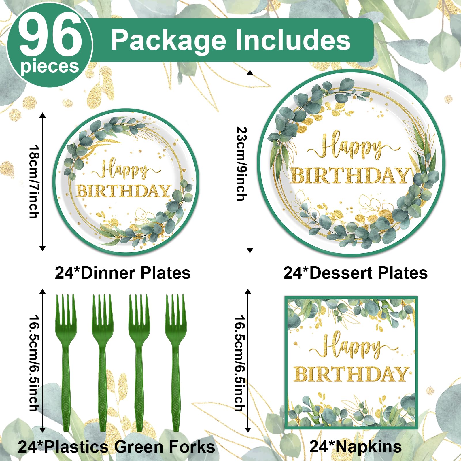 96 Pieces Greenery Eucalyptus Happy Birthday Plates Eucalyptus Birthday Themed Party Decorations Green Leaf Baby Shower Party Dessert Paper Plates Napkins Forks Supplies for 24 Guests Tableware Set