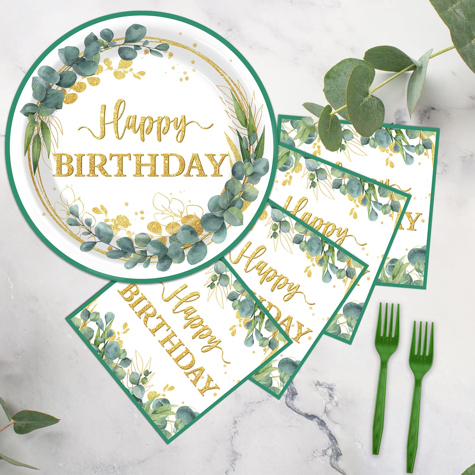 96 Pieces Greenery Eucalyptus Happy Birthday Plates Eucalyptus Birthday Themed Party Decorations Green Leaf Baby Shower Party Dessert Paper Plates Napkins Forks Supplies for 24 Guests Tableware Set