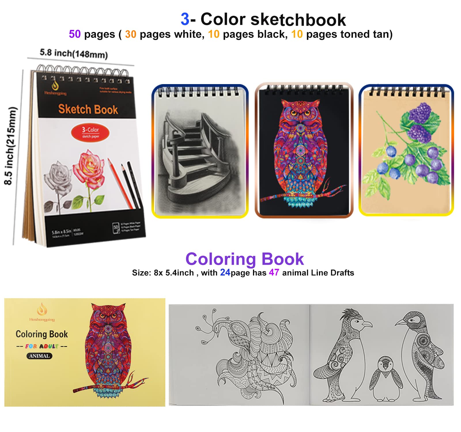 Heshengping, 41pcs Sketching Pencil Set Drawing Sketch Kit Graphite Pencils Charcoal Pencils Watercolor Pencils Blending Stumps 50page sketchbook, coloring book, Beginners Artist Teens and Adults