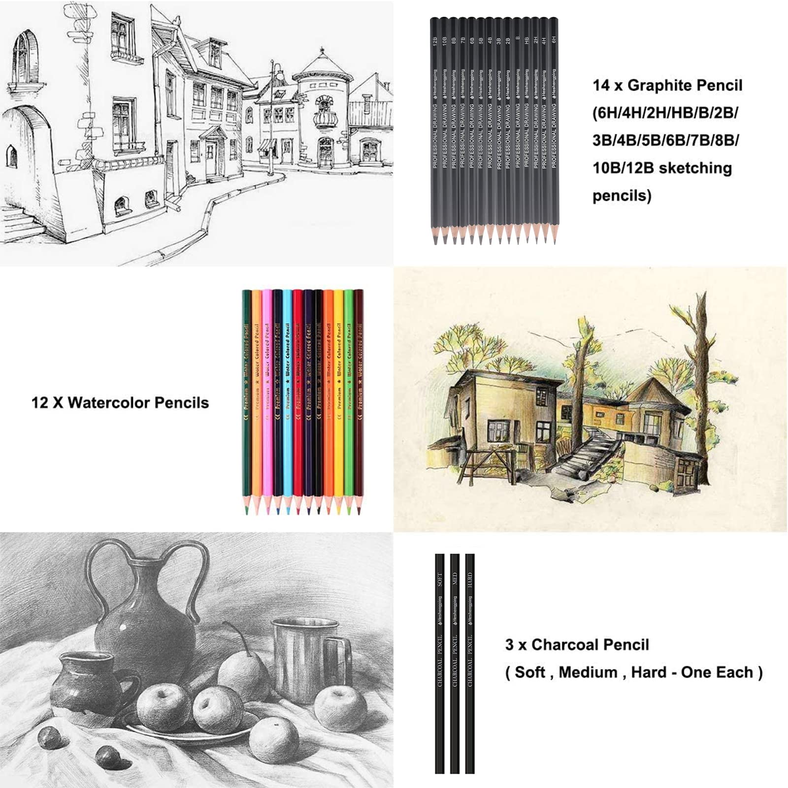 Heshengping, 41pcs Sketching Pencil Set Drawing Sketch Kit Graphite Pencils Charcoal Pencils Watercolor Pencils Blending Stumps 50page sketchbook, coloring book, Beginners Artist Teens and Adults