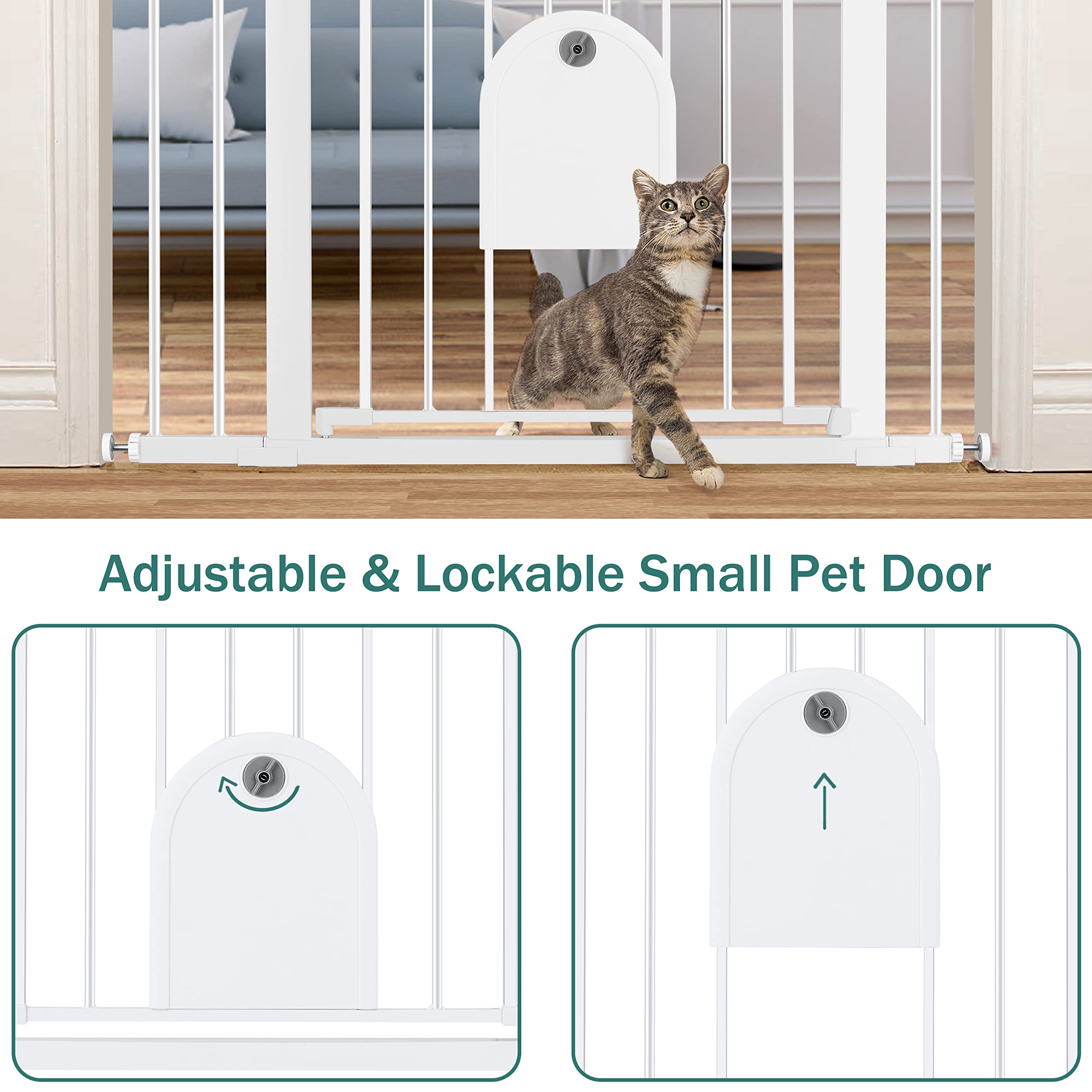 Newnice 40.6" -29.7" Auto Close Baby Gate with Small Cat Door, Easy Walk Thru & Durable Dog Pet Gates for Stairs, Doorway, House, Pressure Mounted Safety Child Gate Includes 4 Wall Cups