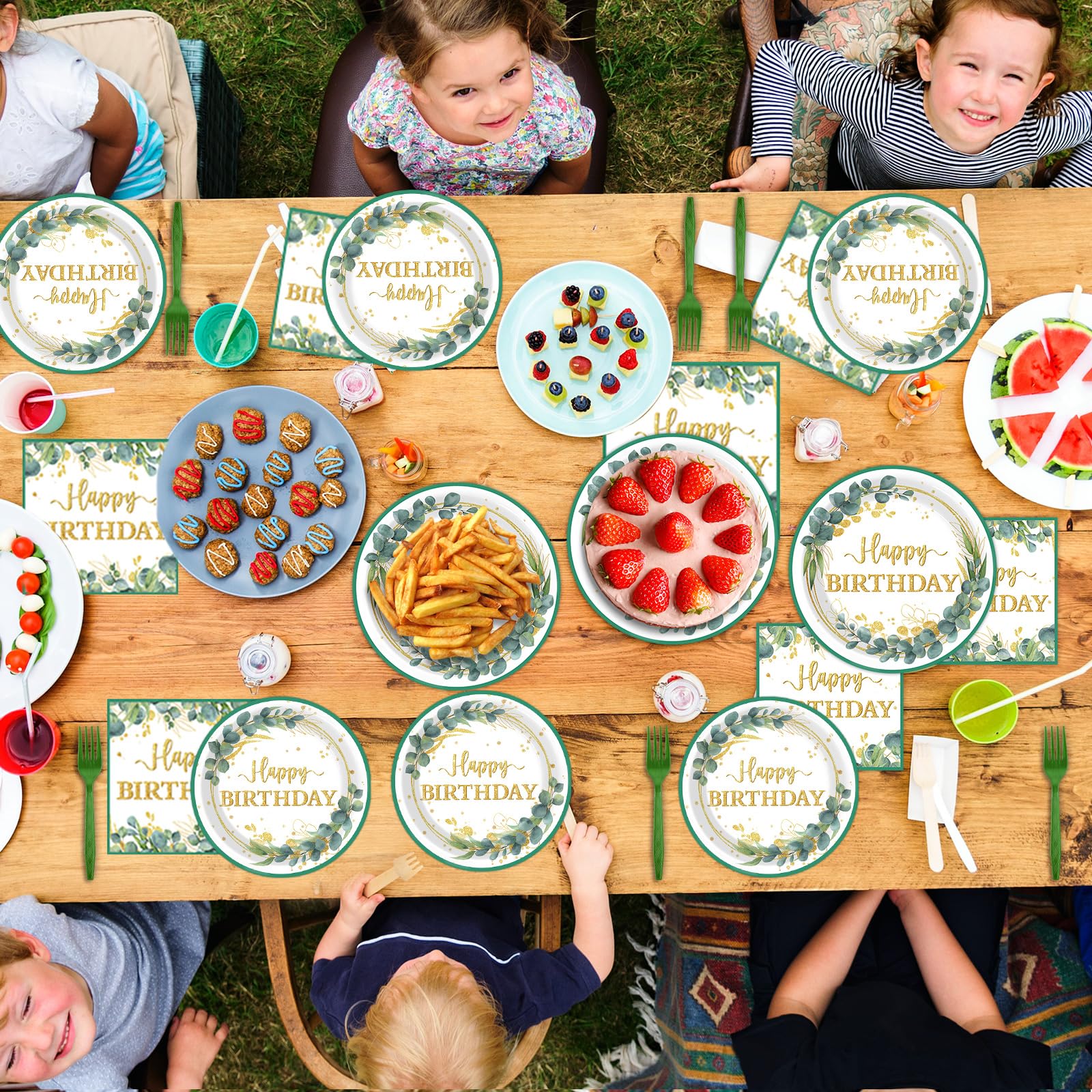 96 Pieces Greenery Eucalyptus Happy Birthday Plates Eucalyptus Birthday Themed Party Decorations Green Leaf Baby Shower Party Dessert Paper Plates Napkins Forks Supplies for 24 Guests Tableware Set
