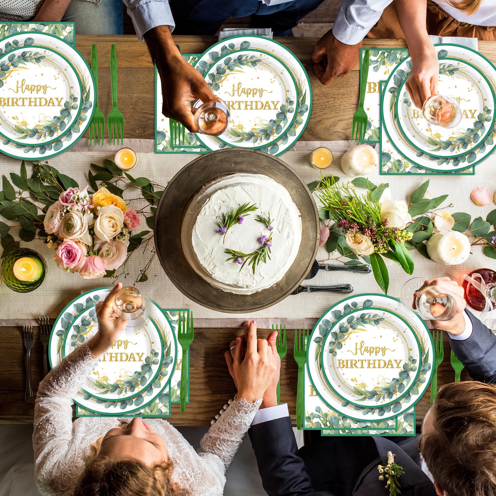 96 Pieces Greenery Eucalyptus Happy Birthday Plates Eucalyptus Birthday Themed Party Decorations Green Leaf Baby Shower Party Dessert Paper Plates Napkins Forks Supplies for 24 Guests Tableware Set